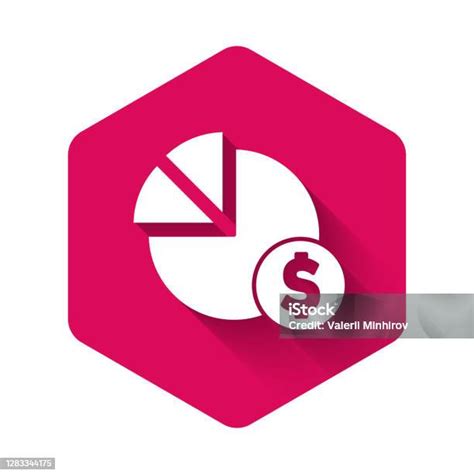 긴 그림자로 격리 된 화이트 파이 차트 인포 그래픽 및 달러 기호 아이콘 다이어그램 차트 기호입니다 핑크 육각형 버튼 벡터 0명에 대한 스톡 벡터 아트 및 기타 이미지