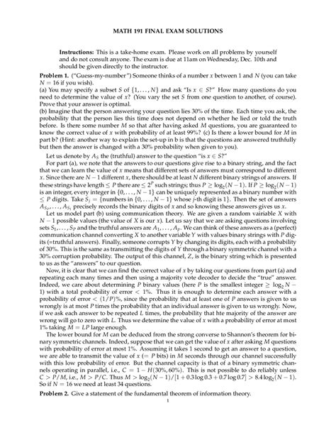 Final Exam Solution For Variable Topics Math 0191 Docsity