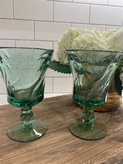 Vintage Fostoria Jamestown Green Swirl 575 Footed Water Etsy