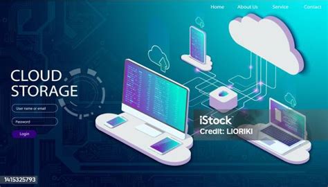 클라우드 스토리지 기술 사용자 네트워크 구성 Pc 모니터 태블릿 전화 노트북 벡터 일러스트레이션이있는 아이소메트릭 광고 포스터