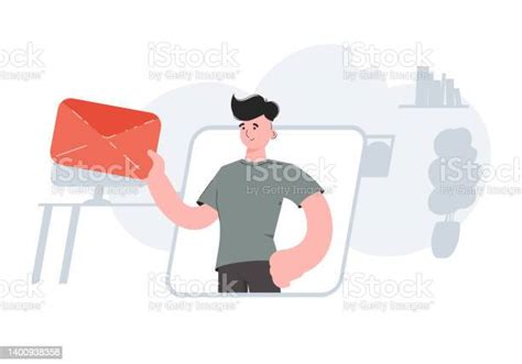 한 남자가 허리 깊숙이 서서 편지가 적힌 봉투를 들고 있었다 통신 프리젠 테이션 사이트를위한 요소 Brand Name
