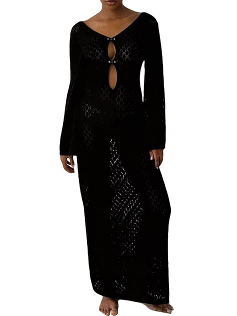 Lamuusaa Women Long Knit Dress Hollow Out Deep V Neck Long Sleeve