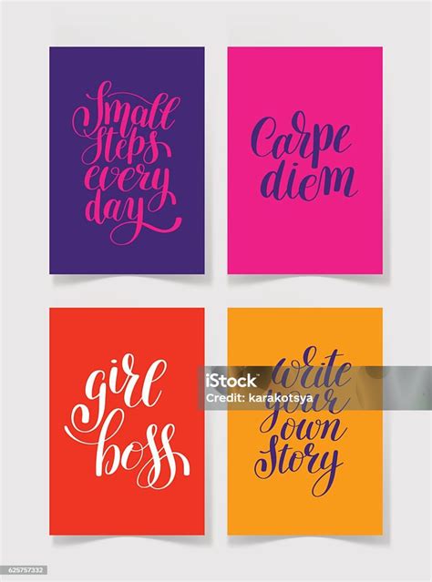 Ensemble De Quatre Couleurs Vives Lettrage Manuscrit Guillemets Positifs Vecteurs Libres De