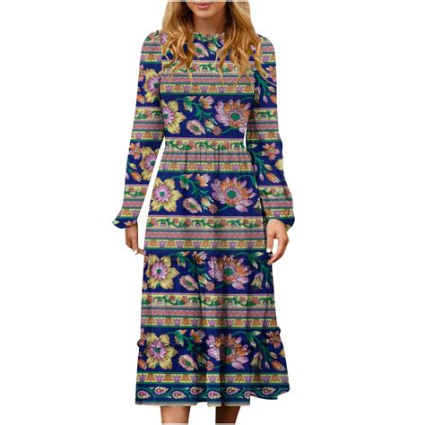 Long Sleeve Dress For Women Smocked Boho Solidfloral Long Dresses High