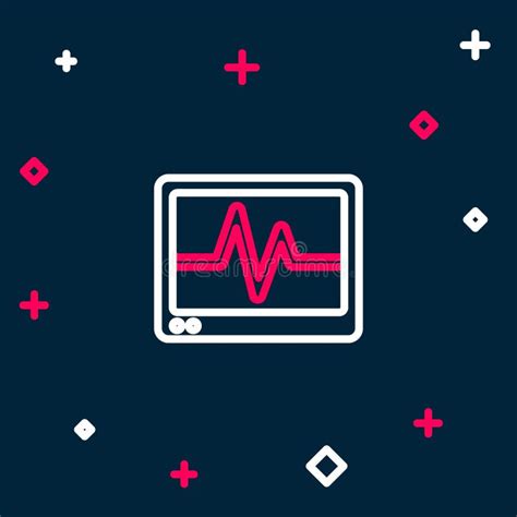 Line Computer Monitor With Cardiogram Icon Isolated On Blue Background