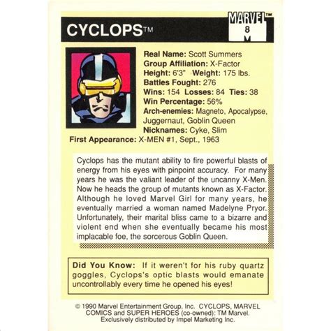 Cyclops 1990 Marvel Universe Series 1 Impel Base Trading Card 8