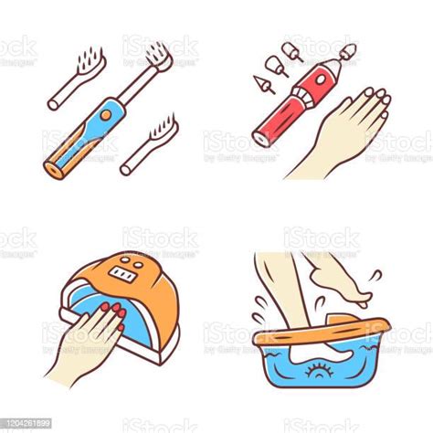 뷰티 장치 색상 아이콘 세트입니다 전동 칫솔과 족열 스파 목욕 마사지기 전기 매니큐어 및 네일 드라이어 뷰티 가제트 네일 파일 드릴 젤 폴란드어 건조 격리된 벡터