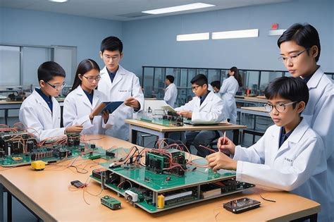 Robotics Lab Students Assembling Electronic Circuits Premium Ai