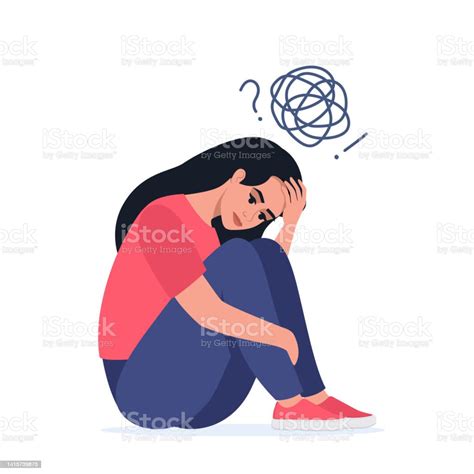 우울한 불행한 여성은 머리에 얽힌 생각으로 바닥에 앉아 있으며 소녀는 심리적 도움이 필요합니다 정신 건강 문제 정신 질환 벡터