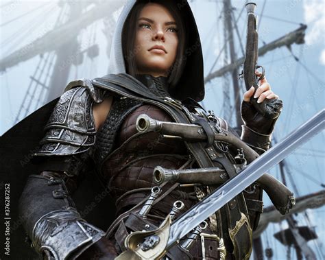 Portrait Of A Hooded Female Pirate Mercenary Standing On The Deck Of