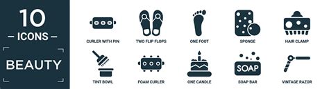채워진 아름다움 아이콘 세트입니다 핀이 있는 플랫 컬러 플립플롭 2개 발 1개 스폰지 헤어 클램프 틴트 볼 폼 컬러 촛불 1개 비누 바 편집 가능한 형식의 빈티지 면도기
