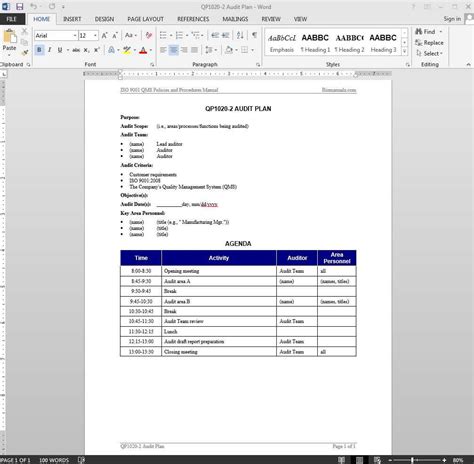 Audit Plan Iso Template Qp1020 2 Pertaining To Internal Audit Report