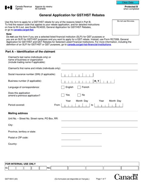Form Gst189 Download Fillable Pdf Or Fill Online General Application For Gst Hst Rebates Canada