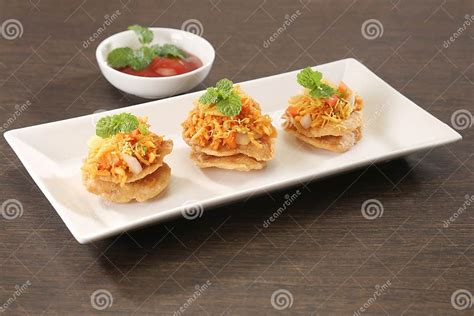 Sev Puri Chaat Or Street Food Sev Puri Indian Snack Stock Image