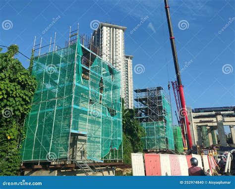 Installation Of Temporary Scaffolding For The Construction Of Tall