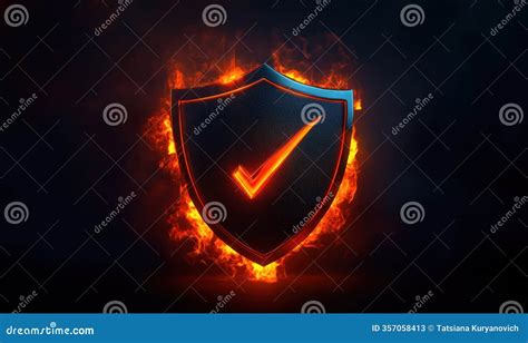 Shield Emblem With Check Mark Fiery Background Symbolizing Security And Protection Stock Image