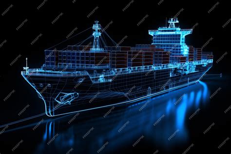 A Container Ship Depicted With Glowing Blue Wireframe Lines Over A Black Background Premium Ai