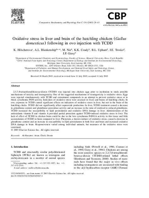 Pdf Oxidative Stress In Liver And Brain Of The Hatchling Chicken