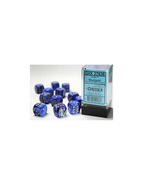 Chessex 16mm D6 With Pips Dice Blocks 12 Dice Vortex Blue Wgold