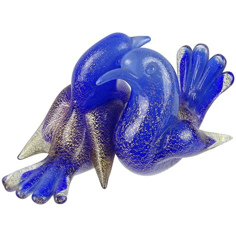 Seguso 1980 Italian Silver Navy Blue Apple Green Murano Glass Hen Bird