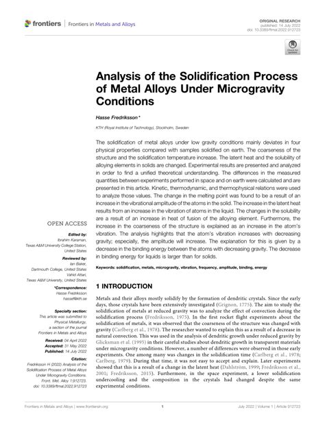 Pdf Analysis Of The Solidification Process Of Metal Alloys Under Microgravity Conditions