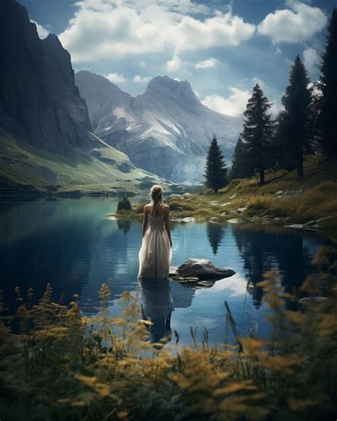 Premium AI Image A Woman Standing In The Middle Of A Lake Surrounded