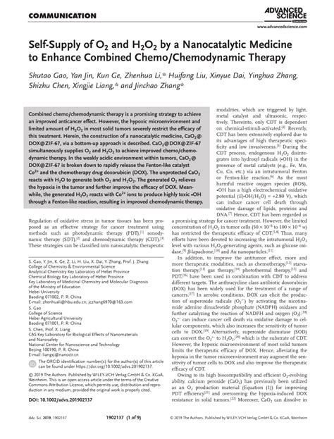 PDF SelfSupply Of O2 And H2O2 By A Nanocatalytic Medicine To Enhance