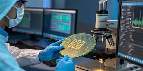 Scientist Examines Semiconductor Wafer Under Microscope In Advanced Laboratory Setting Stock
