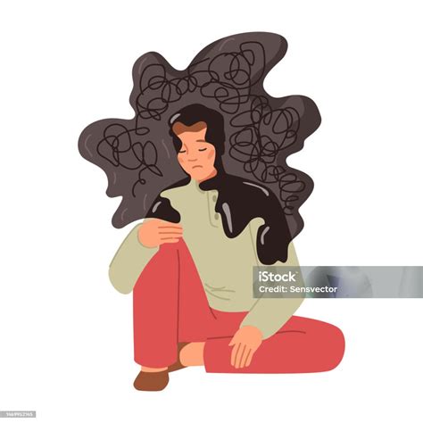 지나치게 생각하는 신경질적이거나 불안한 사람 삶을 방해하는 생각을 가진 고립된 인물 두렵거나 스트레스를받는 십대 화가 난 성격 플랫 스타일의 벡터 걱정하는에 대한 스톡 벡터