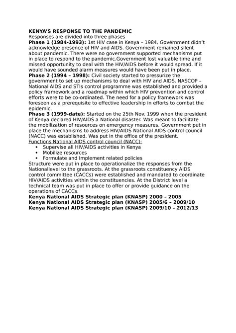 Kenya Responses TO HIV Summarized Lecture Notes KENYAS RESPONSE TO