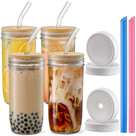 4 Pack Glass Cups Set 24oz Mason Jar With Bamboo Lids And Glass Straw