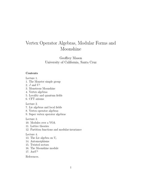 Vertex Operator Algebras Modular Forms And Moonside Pdf Group Mathematics Mathematical