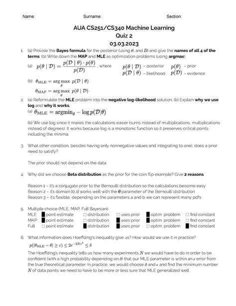 AUA CS251 CS230 Machine Learning Quiz 2 Solutions Name Surname