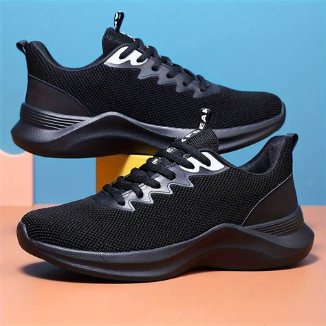 Mens Trendy Solid Woven Knit Breathable Sneakers Comfy Non Slip Lace Up