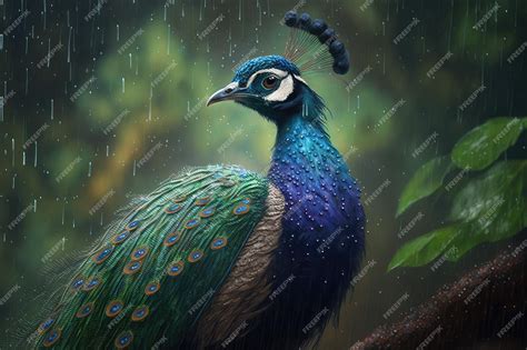 Premium Ai Image Peacock In The Rain Feathers Shimmering