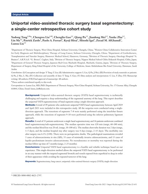 Pdf Uniportal Video Assisted Thoracic Surgery Basal Segmentectomy A Single Center