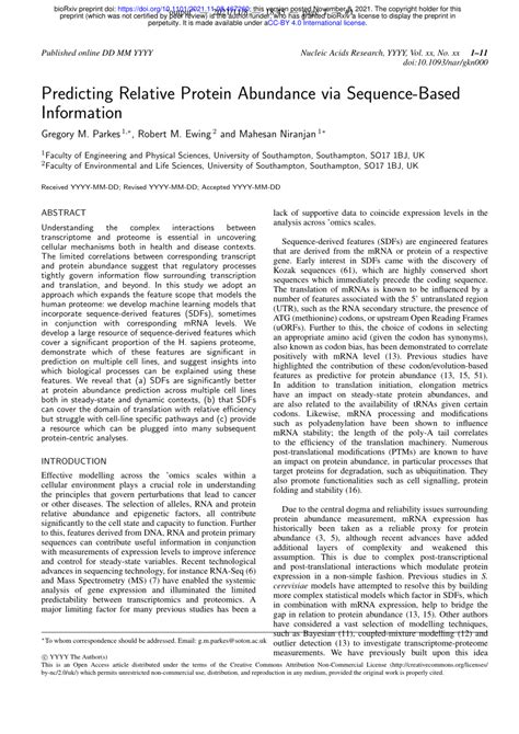 Pdf Predicting Relative Protein Abundance Via Sequence Based Information