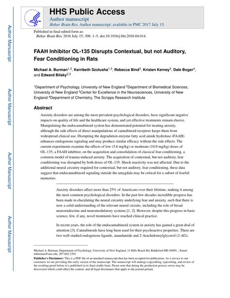 PDF FAAH Inhibitor OL 135 Disrupts Contextual But Not Auditory Fear
