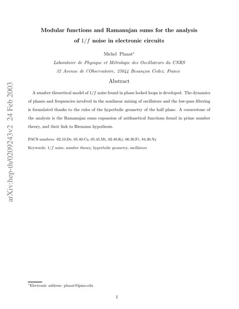 Download Pdf Modular Functions And Ramanujan Sums For The Analysis Of 1 F Noise In Electronic