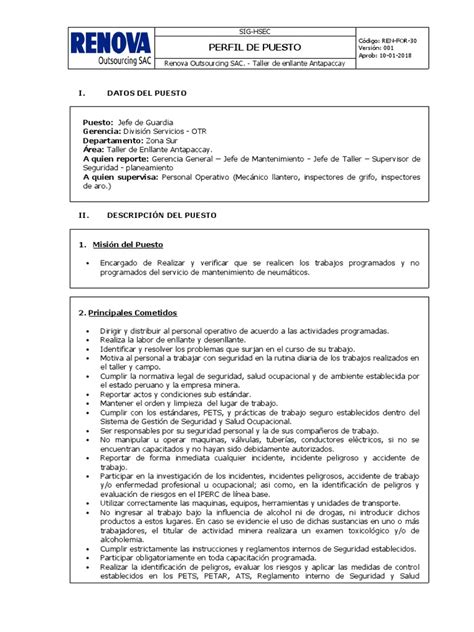 Perfil De Puesto Jefe De Guardia Pdf Seguridad Y Salud Ocupacional
