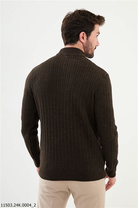 Brown Cable Knit Mock Turtleneck Wool Sweater GENT WITH