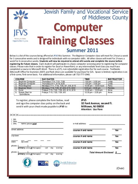 Fillable Online Summer 2011 Computer Class Registration Form Fax Email
