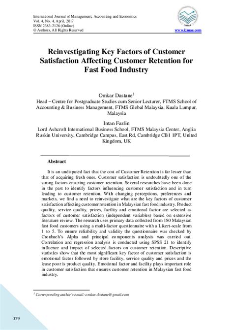 Pdf Reinvestigating Key Factors Of Customer Satisfaction Affecting Customer Retention For Fast