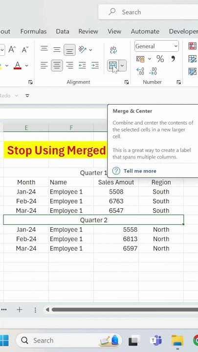 stop using merged cell option in excel shorts excel exceltech