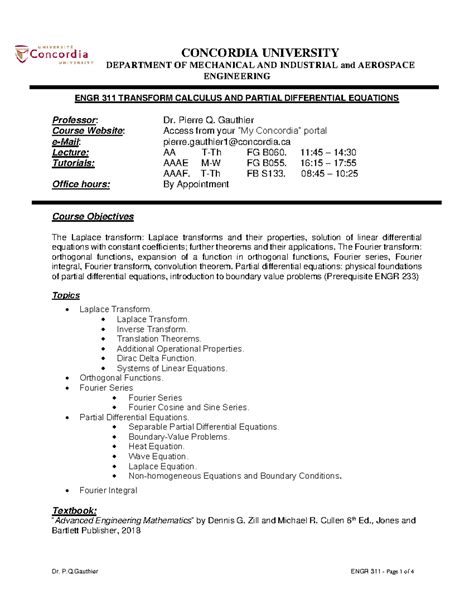 ENGR Course Outline Summer CONCORDIA UNIVERSITY DEPARTMENT