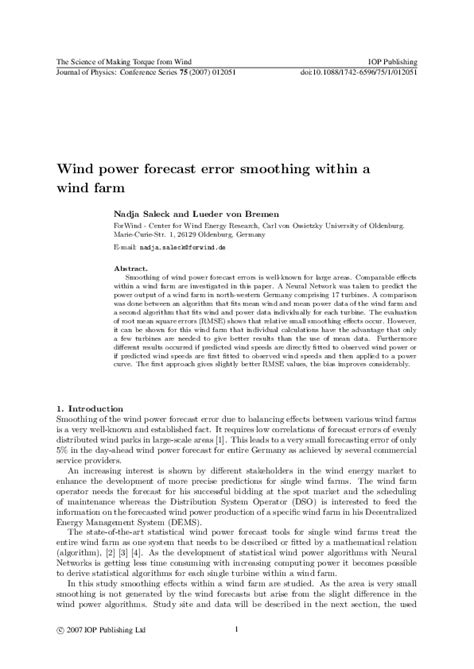 Pdf Wind Power Forecast Error Smoothing Within A Wind Farm