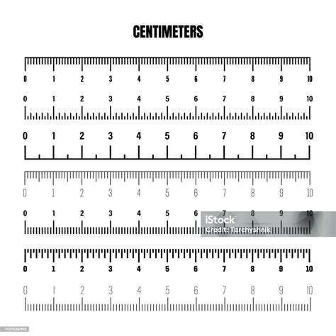 길이 또는 높이를 측정하기위한 사실적인 검은 센티미터 스케일 분할이 있는 다양한 측정 스케일 눈금자 테이프 측정 표시 크기 표시기 벡터 일러스트 레이 션 0명에 대한 스톡
