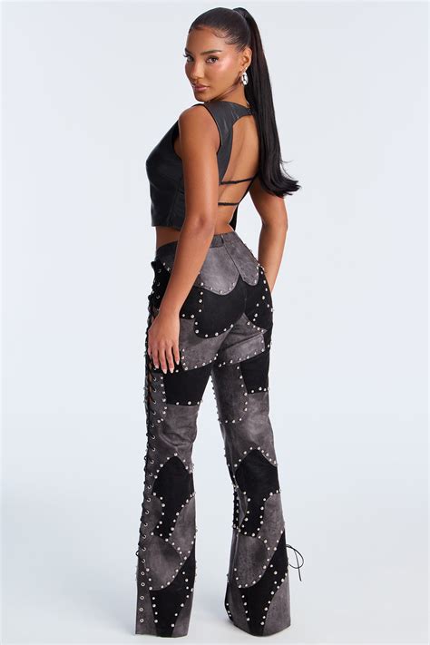 Night Claw Faux Leather Patchwork Flare Pants Blacksmoke Fashion Nova