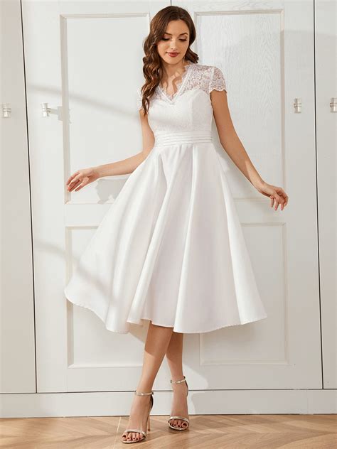 V Neck Floral Embroidered Short Sleeves Midi A Line Formal Dress Ever