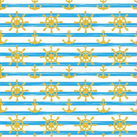 Seamless Nautical Pattern With Glittering Golden Anchors And Ship